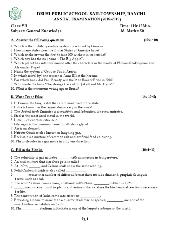 Previous Year Annual Question Paper of Class Vii | PDF