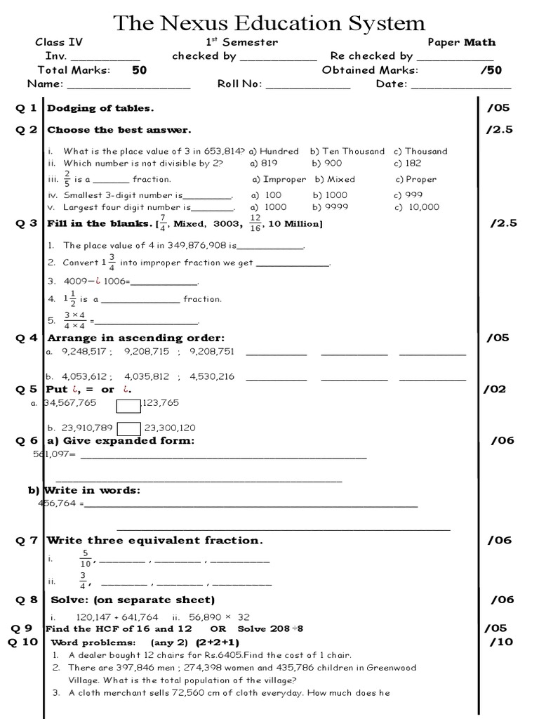Class IV 1 Semester Paper Math Inv. - Checked by - Re Checked by ...