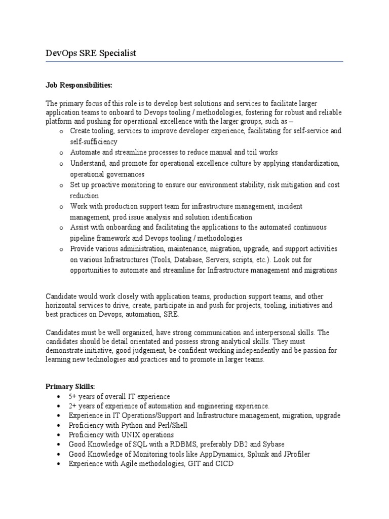 Devops Sre Specialist: Job Responsibilities | PDF | Automation ...