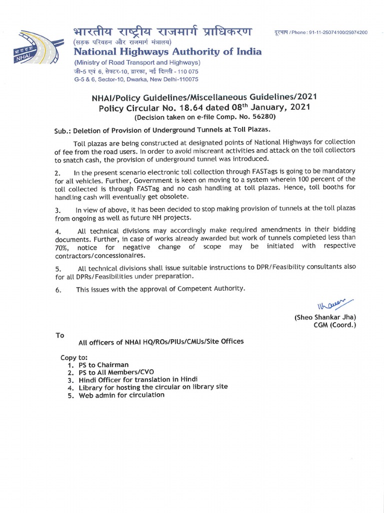 NHAI-CIRCULAR NO. 16.64-Deletion of Provision of Underground Tunnels at ...