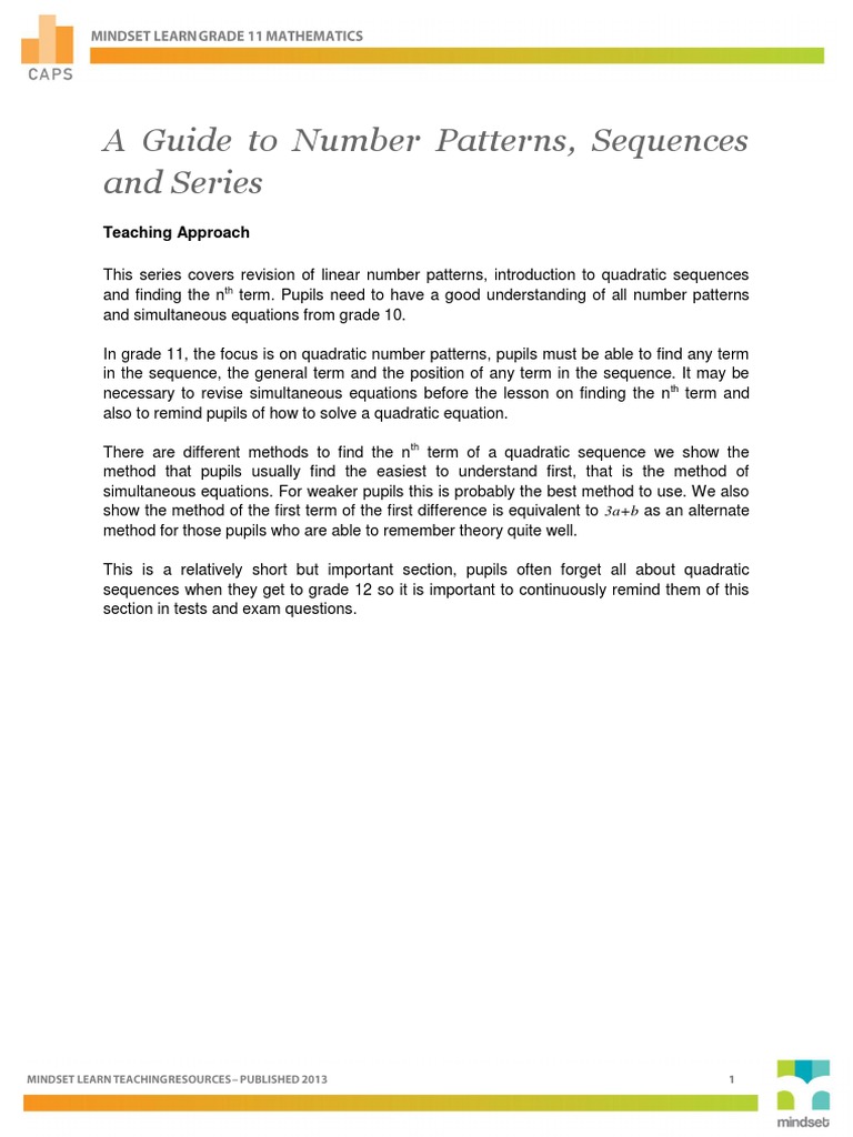 Maths 11 1 Guide Number Patterns Sequences and Series 0 | PDF ...