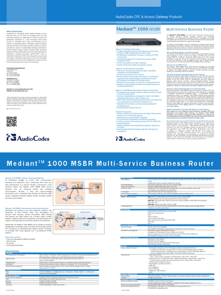 Mediant 1000 MSBR Datasheet | PDF | Voice Over Ip | Session Initiation Protocol