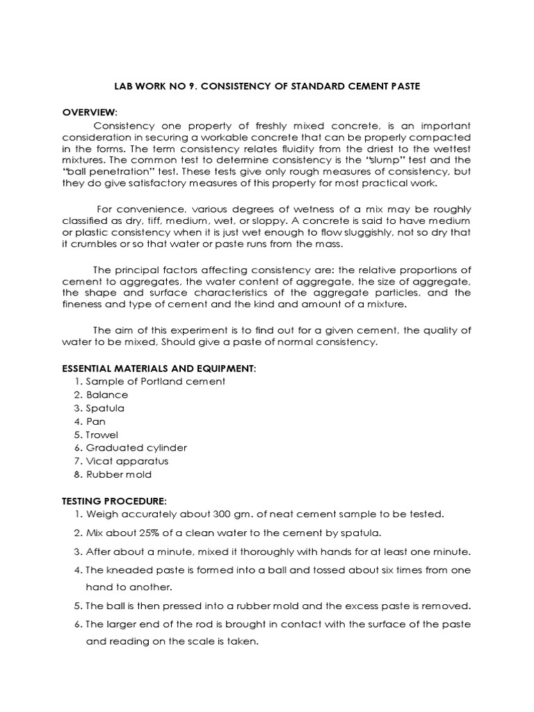 Lab Work No 9. Consistency of Standard Cement Paste Overview | PDF ...