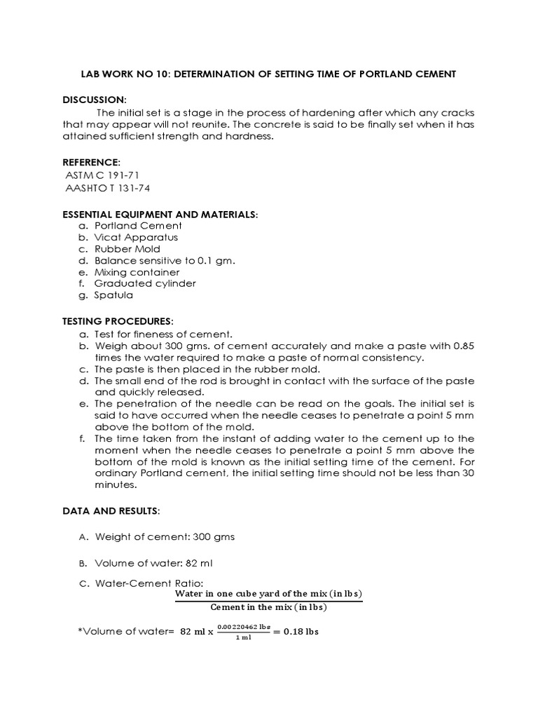Laboratory No. 10 Determination of Setting Time of Portland Cement ...