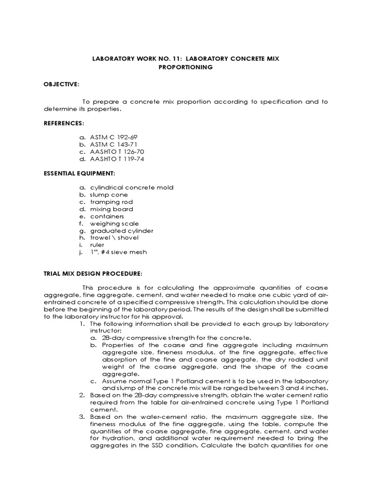 Laboratory No. 11 Laboratory Concrete Mix Proportioning | PDF ...