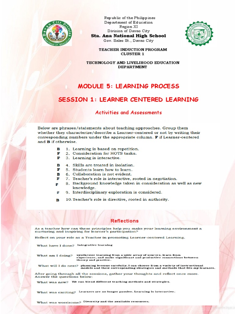 Module 5: Learning Process Session 1: Learner Centered Learning | PDF | Learning | Teachers