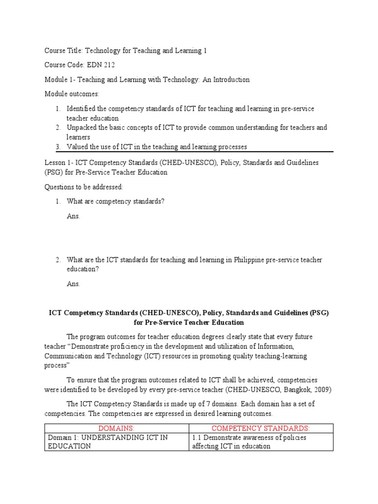 ICT Competency Standards (CHED-UNESCO), Policy, Standards and ...