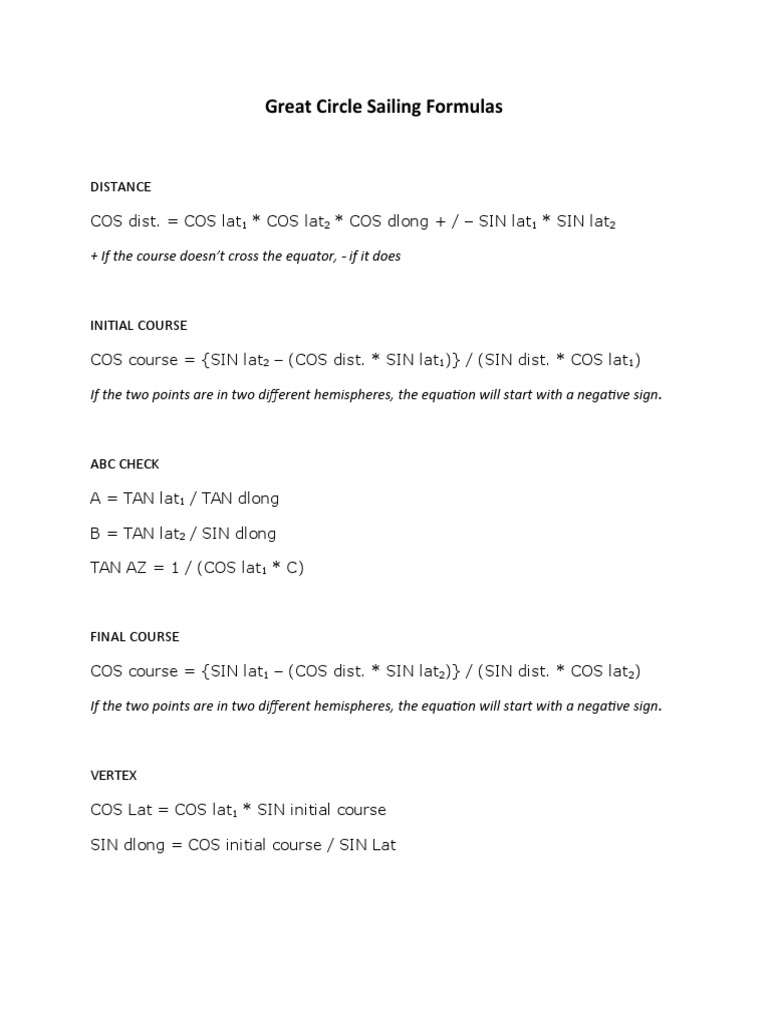 Great Circle Sailing Formulas | PDF
