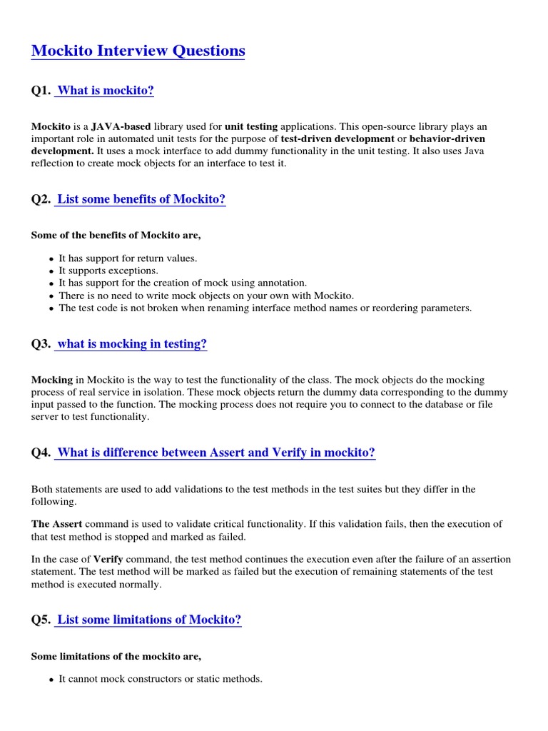 Mockito Interview Questions Pdf Method Computer Programming