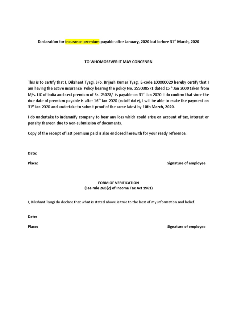 LIC Insurance Premium Declaration | PDF