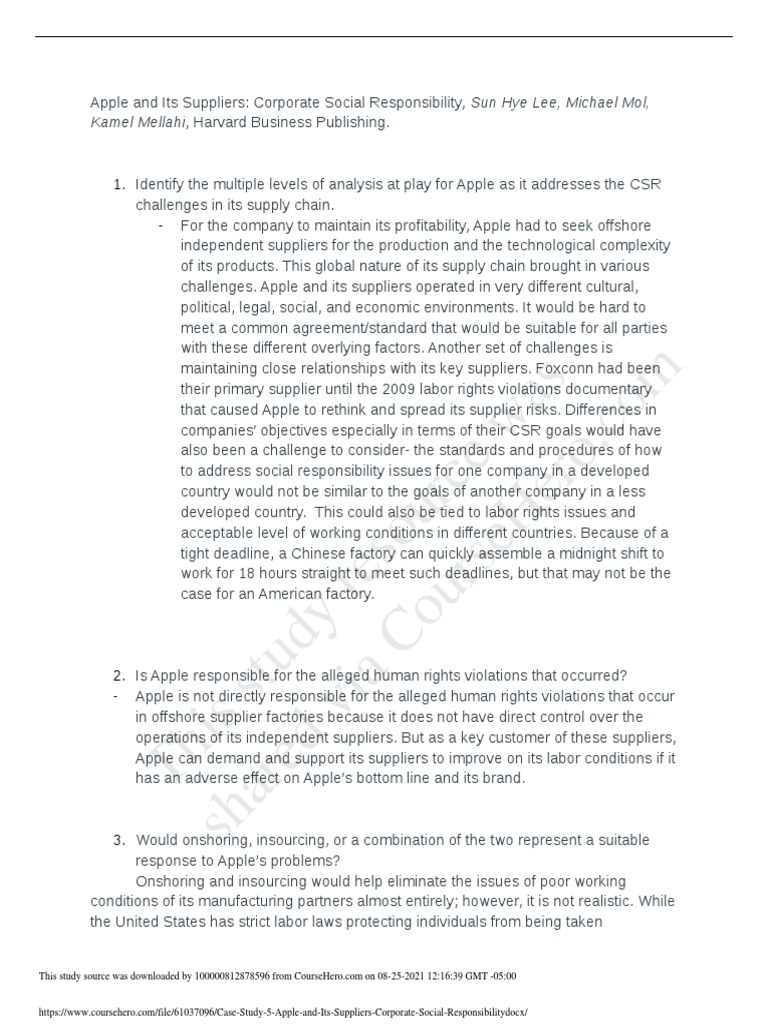 Case Study 5 Apple and Its Suppliers Corporate Social Responsibility ...