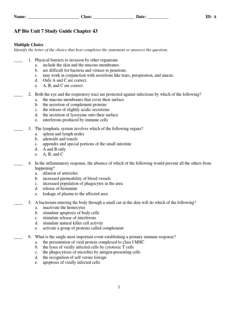 AP Bio Unit 7 Study Guide Chapter 43 | PDF | Cytotoxic T Cell | Immune ...