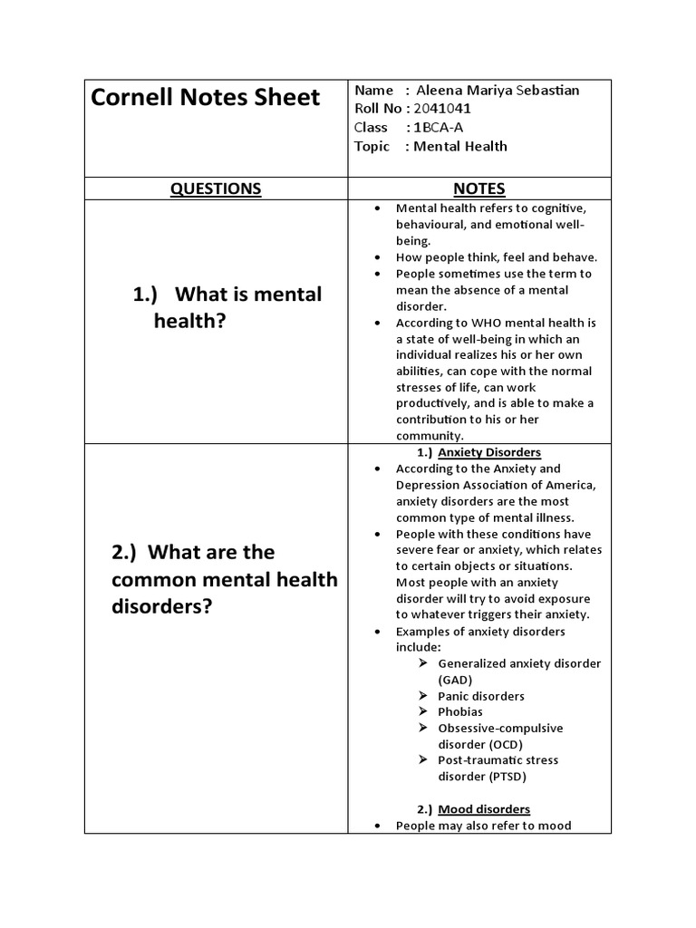 Cornell Notes Sheet: 1.) What Is Mental Health? | PDF | Mental Disorder ...