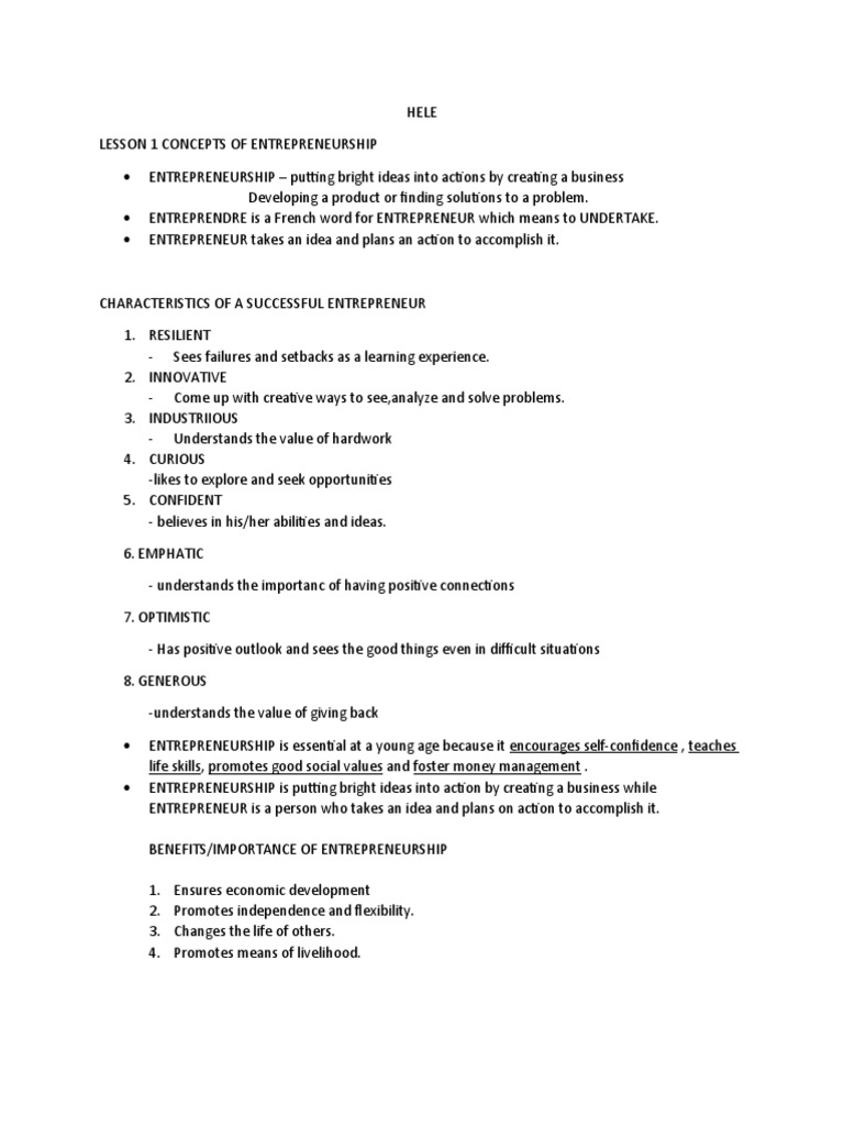 HELE Lesson 1 and 2 | PDF | Entrepreneurship | Innovation
