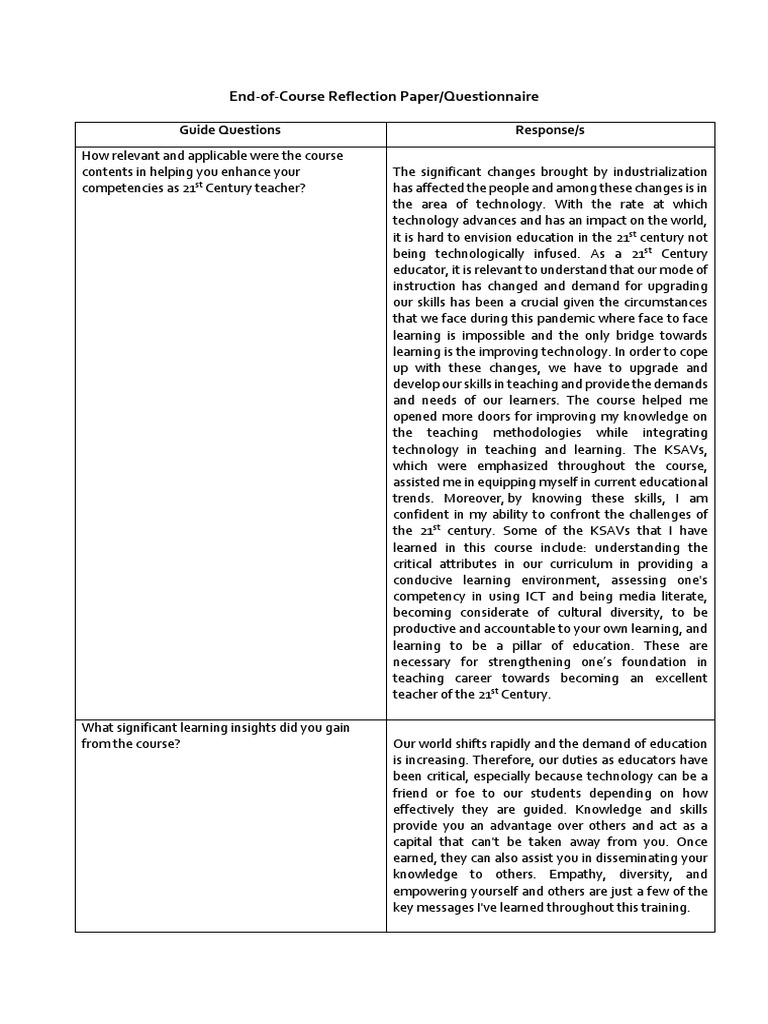 End-of-Course Reflection Paper/Questionnaire: Guide Questions Response ...