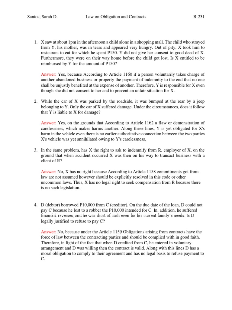 OBLICON - Chapter 1 Problem | PDF | Indemnity | Law Of Obligations