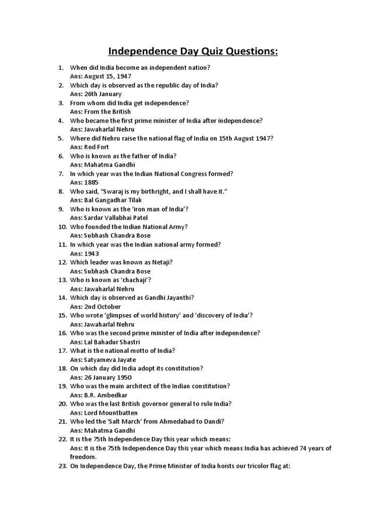 Independence Day Quiz Questions | PDF | Resistance To The British ...