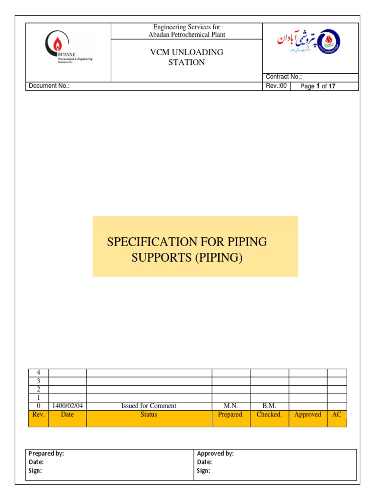 Specification For Piping Supports | PDF | Pipe (Fluid Conveyance) | Stress (Mechanics)
