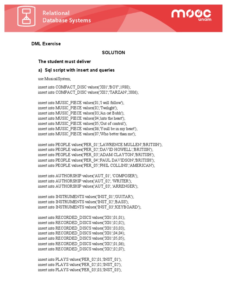 DML Exercise Solution The Student Must Deliver A) SQL Script With Insert and Queries | PDF | Sql ...