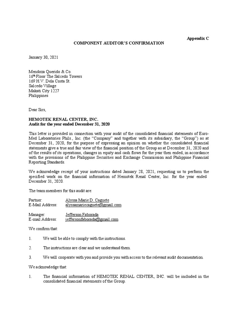 Appendix C Component Auditor'S Confirmation | PDF | Audit | Financial ...