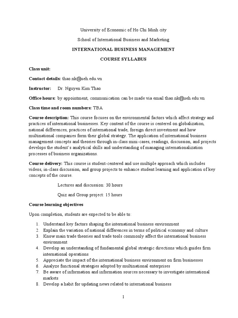 SYLLABUS International Business Management 2021 Thurs IBE1K46 | PDF ...