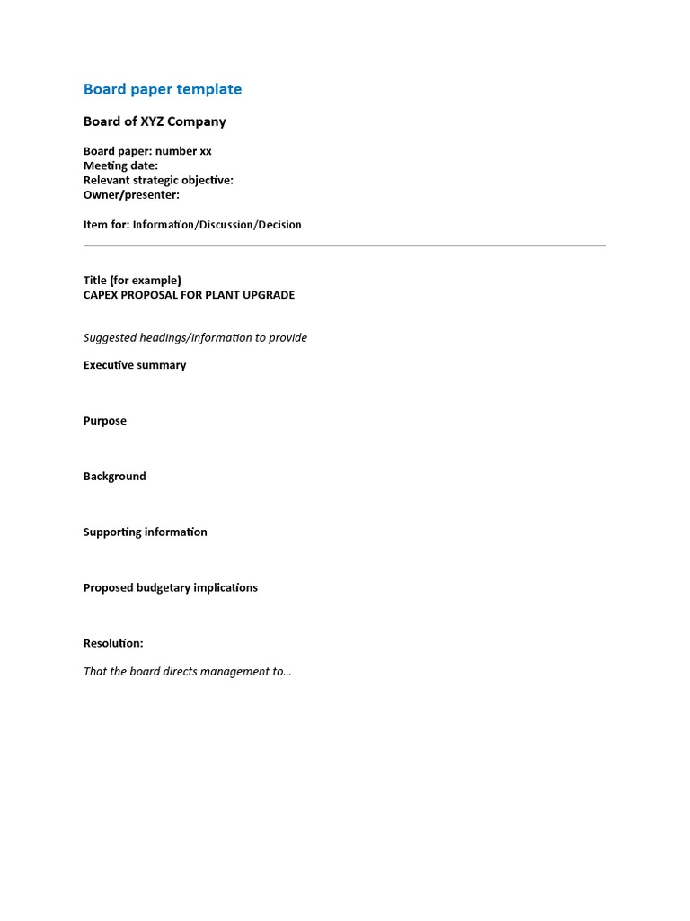 Board Paper Template for XYZ Company | PDF
