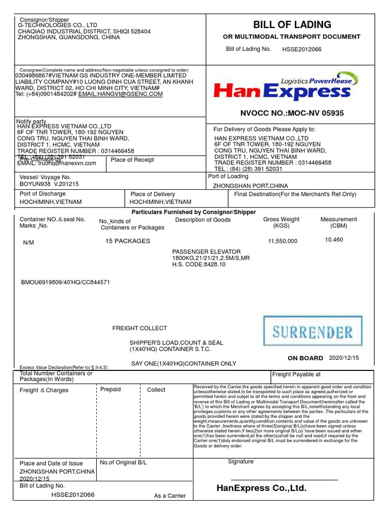 Hsse2012066-Sur HBL 2 B - N | PDF | Cargo | Bill Of Lading