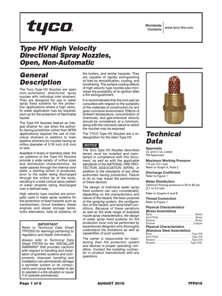 TYCO - High Velocity Nozzle | PDF | Fire Sprinkler System | Pipe (Fluid ...