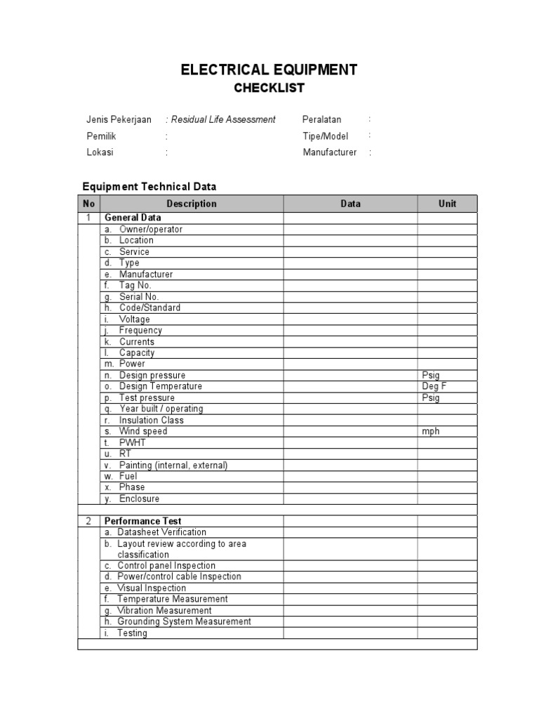 Electrical Equipment Checklist | PDF | Teknologi & Rekayasa