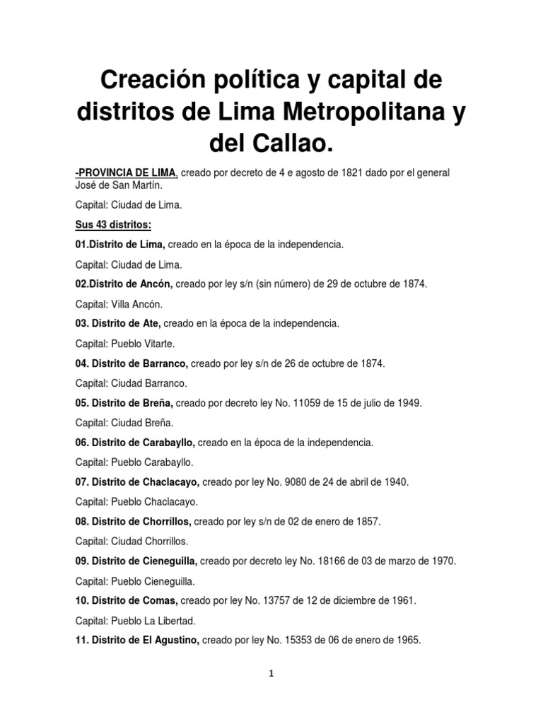 Distritos de Lima y Callao: Creación y Mapa | PDF | Lima