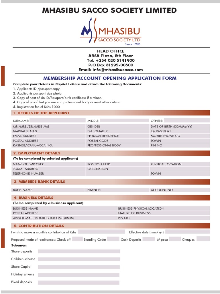 Mhasibu Sacco Society Limited Membership Account Opening Application ...