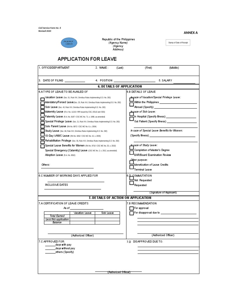 Cs Form No 6 Revised 2020 Application For Leave Secured Pdf Sick Leave Surgery