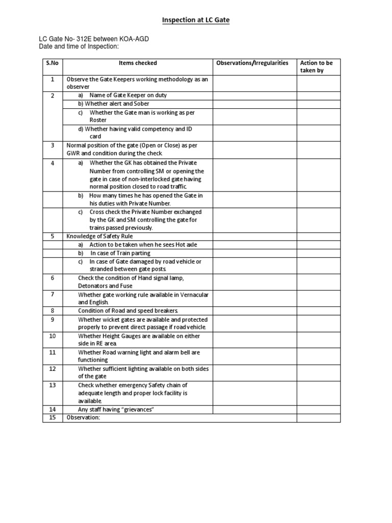 Inspection at LC Gate: S.No Items Checked Observations/Irregularities ...