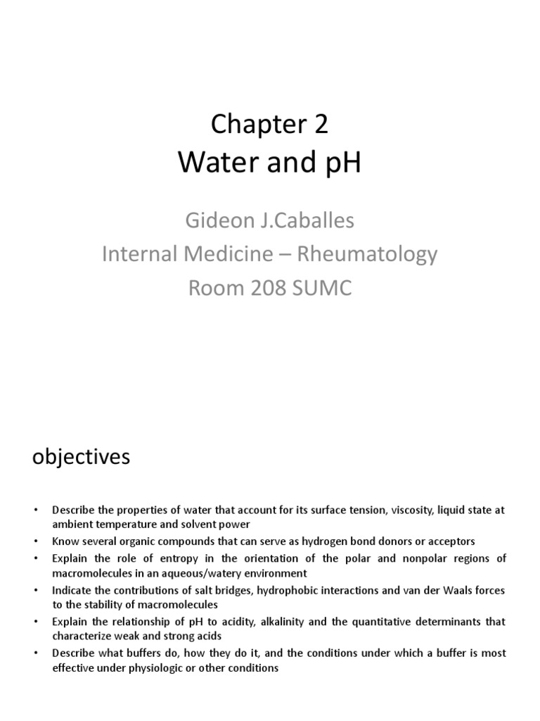 BIOCHEM Lec 2 - Water and PH (Dr. Caballes) | PDF | Acid Dissociation ...