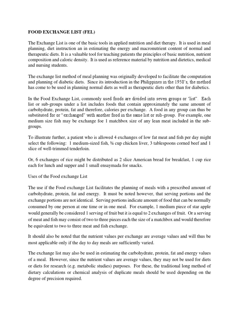 Food Exchange List | PDF | Calorie | Foods