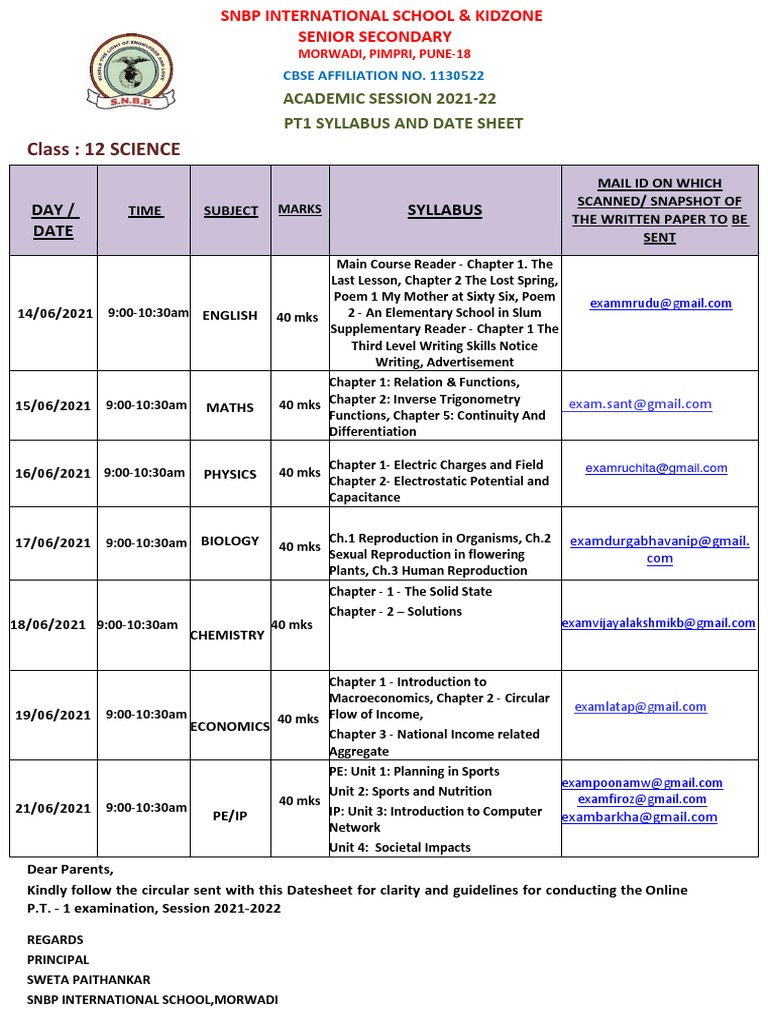 12 SCIENCE Syllabus and Datesheet | PDF