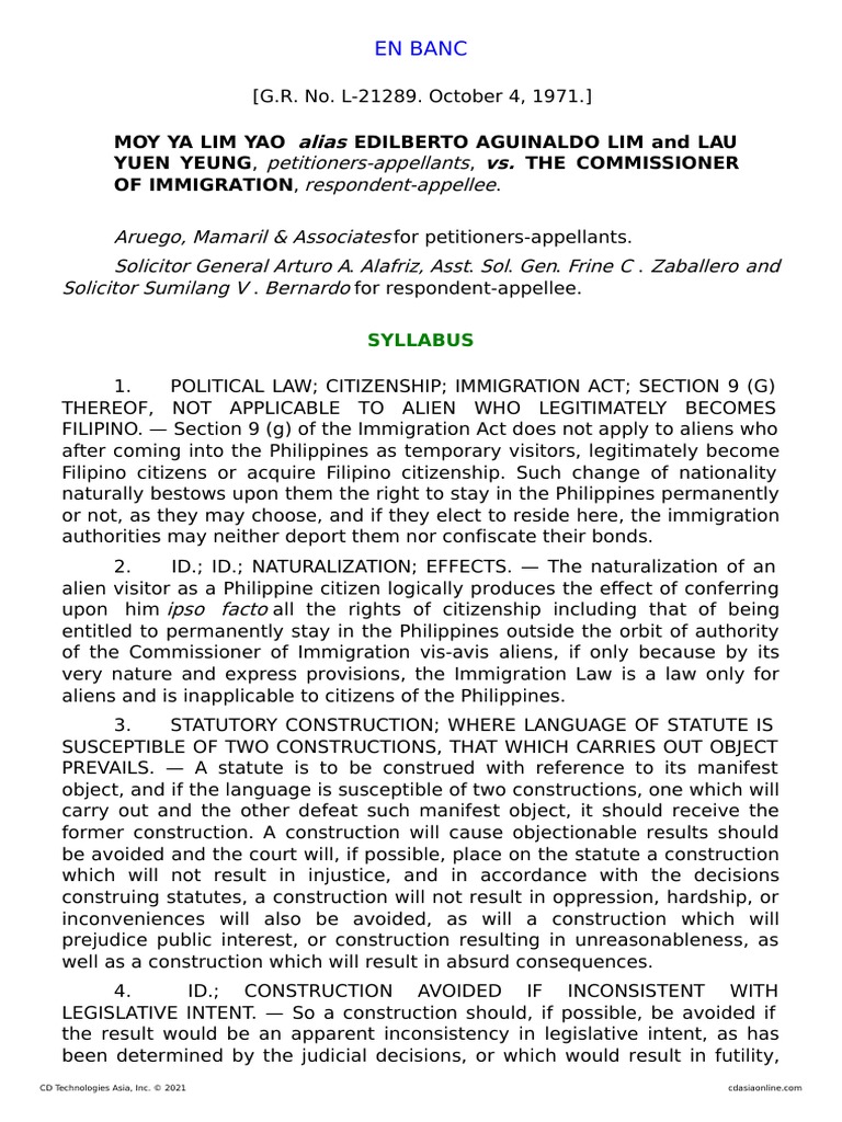 Lim Yao v. CID, 41 SCRA 292 | PDF | Naturalization | Citizenship