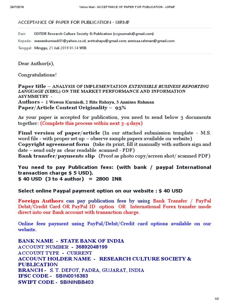 Yahoo Mail - ACCEPTANCE OF PAPER FOR PUBLICATION - IJIRMF | PDF | Pay ...