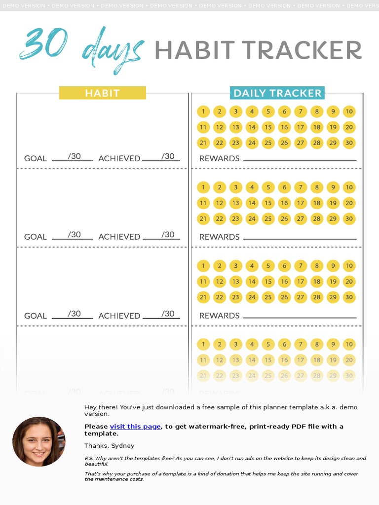 30 Days Goal Habit Tracker Template | PDF