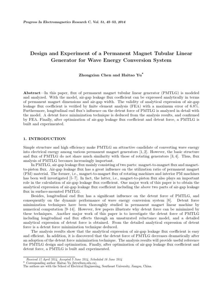 Design and Experiment of A Permanent Magnet Tubular Linear Generator ...