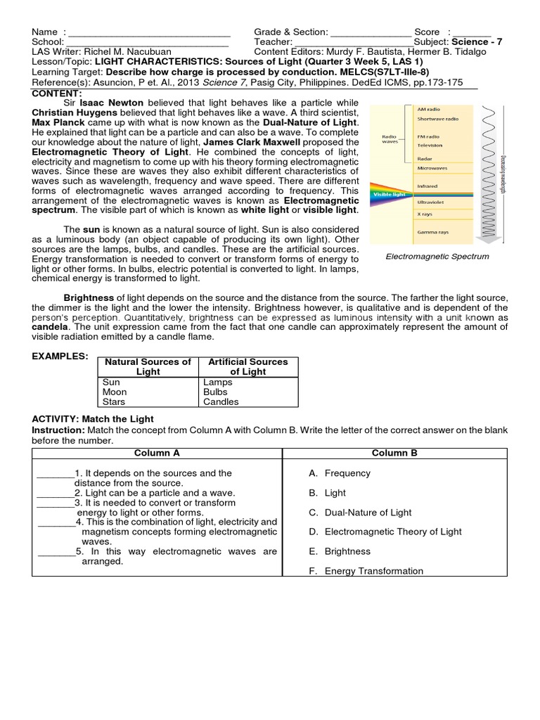 SCIENCE 7 Q3 - Week 5 - LAS 1 Sources of Light | PDF | Light ...