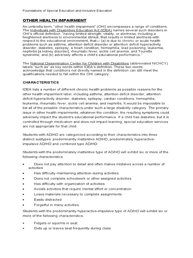 Other Health Impairment: Characteristics | PDF | Special Education ...