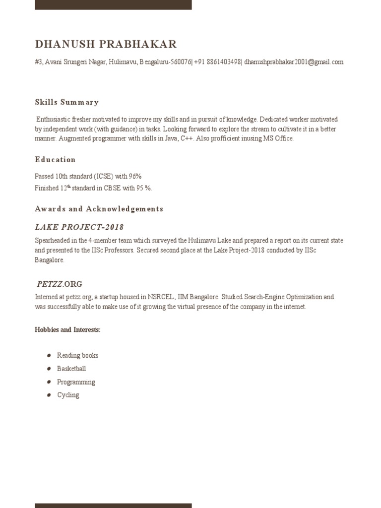 Resume Dhanush Prabhakar | PDF | Career & Growth