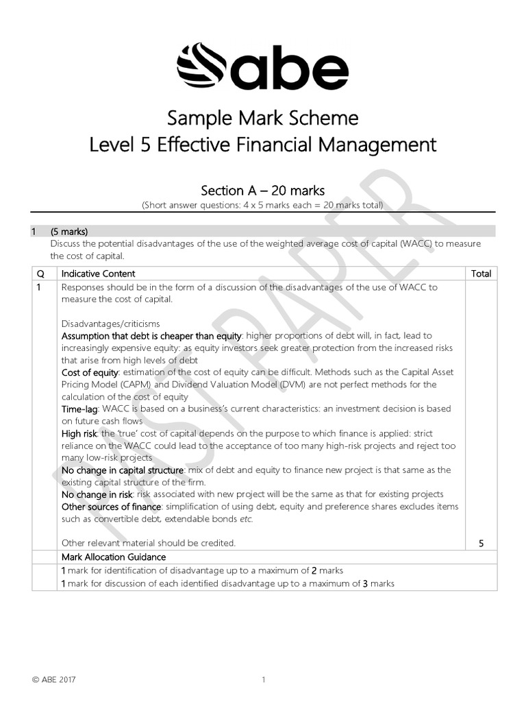 Sample Mark Scheme Level 5 Effective Financial Management: Section A ...