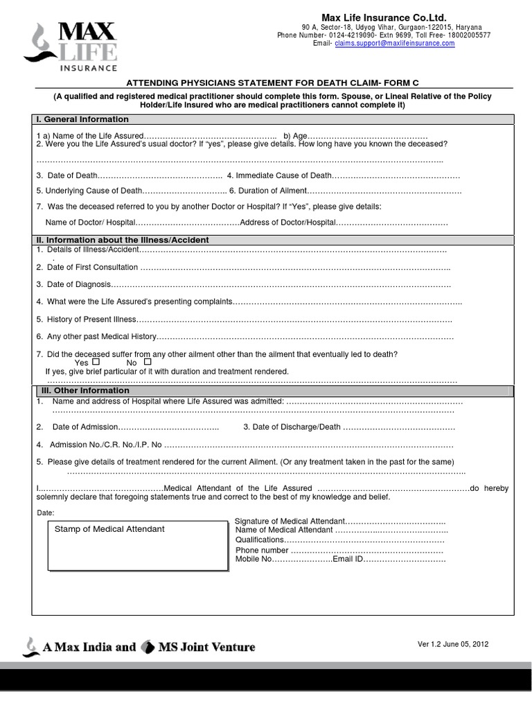 Attending Physician's Statement for Death Claim | PDF | Health Care ...
