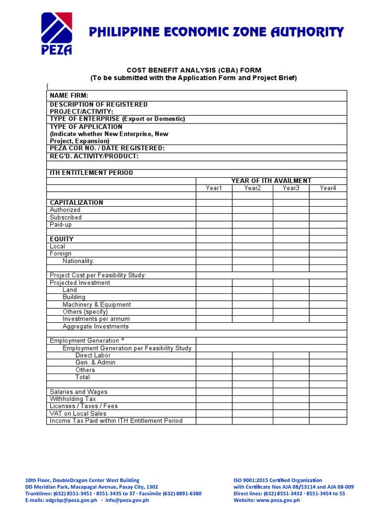 PEZA Cost Benefit Analysis Form | PDF | Income | Revenue