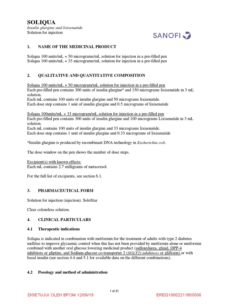 Soliqua Larutan Injeksi 100 U, ML + 50 MCG, ML - Insulin Glargin ...