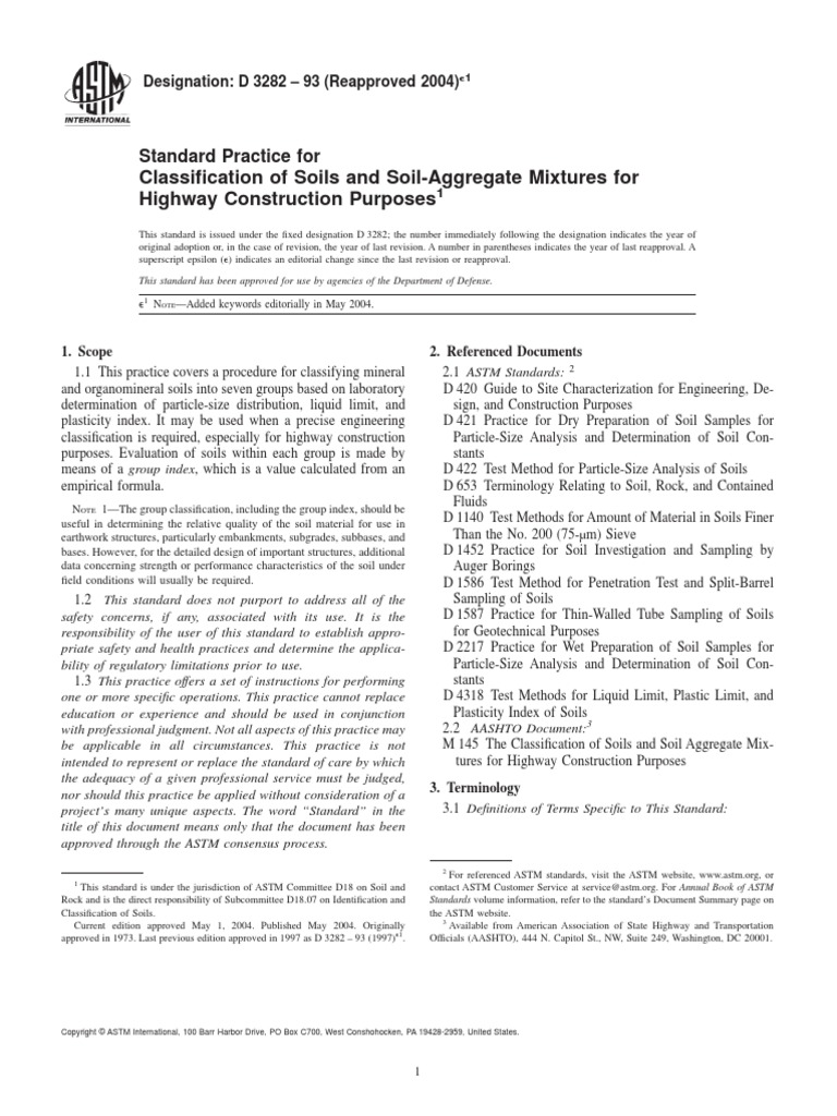 ASTM D 3282 - 93 r04 Stand Soil Class Highways | PDF | Sand | Silt