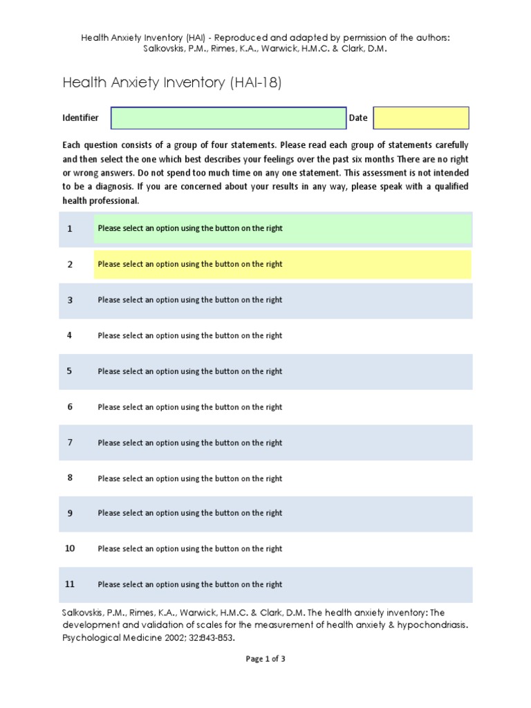 Health Anxiety Inventory HAI 18 PDF | PDF | Applied Psychology | Health ...