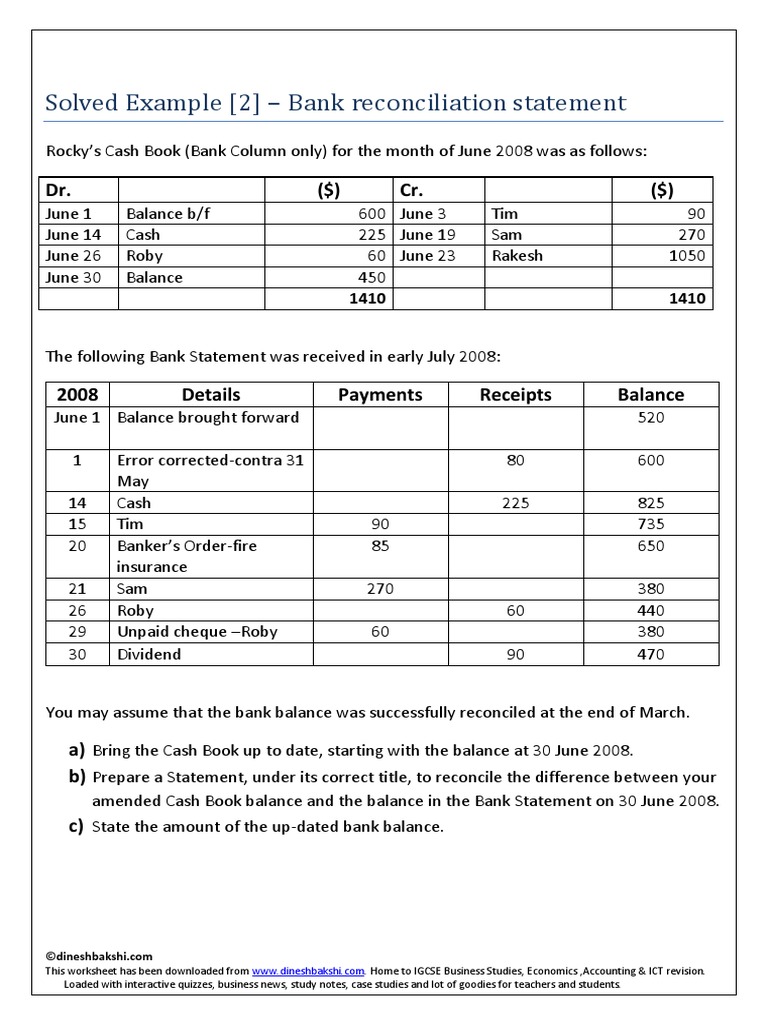 Bank Reconciliation Statement Solved Example 2 | PDF | Banks | Cheque